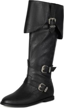 Generic Femmes Genou Boucle Décor Bottes Plates Bottes en Similicuir Bout Rond Glisser sur des Chaussures Décontractées De Soirée De Fête Rétro,Noir,43 EU