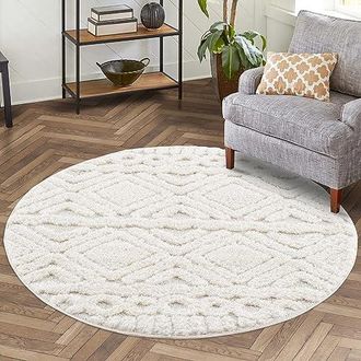 Carpet City Tapis de salon, &agrave; poils longs, cr&egrave;me, 120 cm, rond, motif losanges, profond, effet 3D, tapis de chambre &agrave; coucher, style boh&egrave;me, Skandi