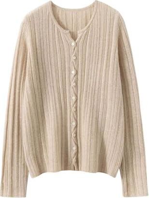 Generic Cardigan dhiver doux et d&eacute;contract&eacute; &agrave; manches longues en cachemire pour femme 100 % cachemire col en V, Riz velours cru, XS