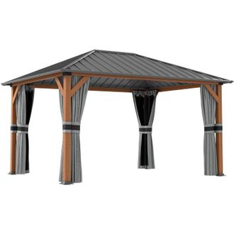 OUTSUNNY Pavillon de jardin structure alu aspect bois toit rigide m&eacute;tal galvanis&eacute; rideaux moustiquaires