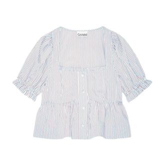 Ganni Gestreifte Bluse im Bauernstil aus Baumwoll-Popeline - - Blouses & Shirts - Damen - Blau - S