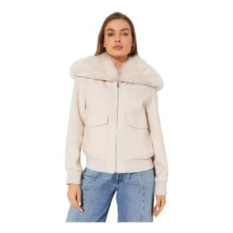 Yves Salomon Femme, Vestes, Beige, Taille: 40 FR Veste courte en laine cachemire avec col en fourrure de renard