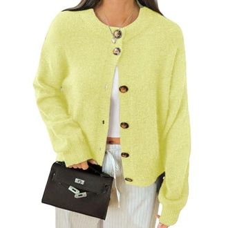 Generic Cardigan tricot&eacute; en cachemire, chandails en tricot cachemire vintage pour femmes, cardigan court boutonn&eacute; sur le devant, pull doux &agrave; col rond, jaune, 