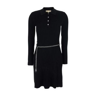 Michael Kors Geripptes Viskose-Polo-Kleid mit G&uuml;rtel - - Dresses - Damen - Schwarzk - S