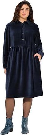 Ulla Popken Femme Grandes Tailles Robe Oversize en Velours c&ocirc;tel&eacute;, avec col Chemise et Manches Longues Bouffantes Marine 50+ 831745130-50+