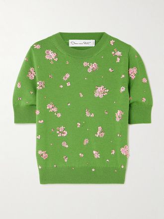 Oscar De La Renta Floral Pullover Aus Wolle Mit Kristallen Und Pailletten - Gr&uuml;n