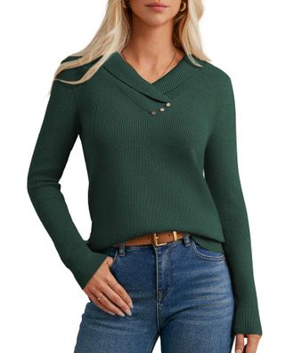 Grace Karin Damen Langarm V-Ausschnitt Pullover Casual Loose Fit Sweater Loose Fit Alltag Oberteil Dunkelgr&uuml;n XXL