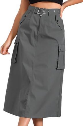 Allegra K Jupe Cargo Midi pour Femme Jupe Longue Droite Taille Haute Zippée avec Poches Jupe en Jean Vintage Tendance Y2K Gris XL