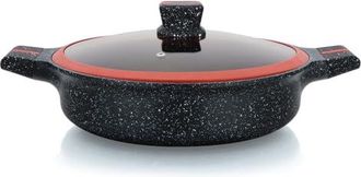 Herzberg HGRSSLW28, flacher Granittopf mit Glasdeckel, ideal für gesundes Kochen, kratzfest, leicht zu reinigen, 28 cm, Farbe: Rot und Schwarz