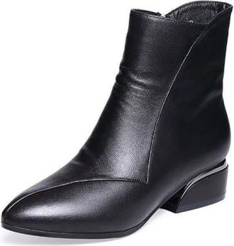 Generic Bottines &agrave; talons &eacute;pais en cuir pour femme avec fermeture &eacute;clair lat&eacute;rale, bottes tendance &agrave; bout pointu, bottines courtes r&eacute;tro &agrave; talon bas, Noir, 35