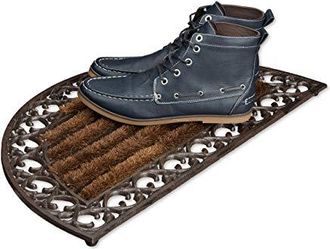 Relaxdays Paillasson en fonte avec brosse essuie-pieds tapis dentr&eacute;e en fonte rond h x l x P: 4 x 72 x 39 cm style maison de campagne ancien anti-d&eacute;rapant natte