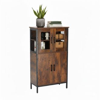 Relaxdays Relaxdays Armoire de cuisine industrielle, haute avec portes vitr&eacute;es H 108xL 60xP 30 cm, vitrine &eacute;troite, bois brun
