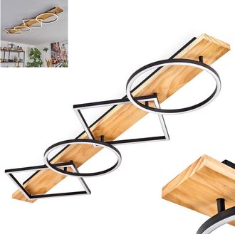 HOFSTEIN LED Deckenleuchte Pompu, Deckenlampe aus Metall/Holz/Kunststoff in Schwarz/Holz hell/Wei&szlig;, 3000 Kelvin, moderne Leuchte mit Holzbalken f&uuml;r Schlafzimme