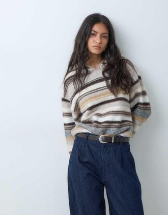 Abercrombie & Fitch weicher Strick-Loungewear-Hoodie in cremewei&szlig; und braun gestreift-Neutral