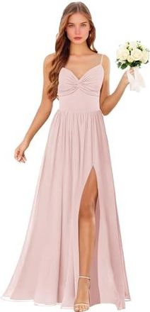 Generic Robe de demoiselle dhonneur en mousseline de soie avec col en V et bretelles spaghetti, longue robe de soirée plissée avec fente, rose, 50 Grande tail