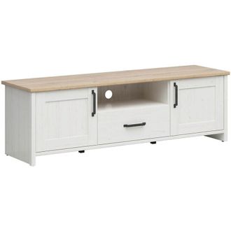 PEGANE Meuble TV avec 2 portes et un tiroir, coloris Blanc pin andersen/Ch&ecirc;ne clair - Longueur 160 x Profondeur 44 x Hauteur 50,5 cm