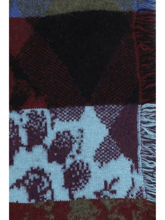 Dries Van Noten Mens Scarf, Mixed Print Fringed - Purple Merino Wool (ovis Aries) Scarfs