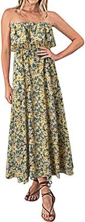 Generic Robe boh&egrave;me 2026 pour femme - Imprim&eacute; floral d&eacute;contract&eacute; - Ourlet &agrave; volants - Robe boh&egrave;me sans bretelles, jaune, XL