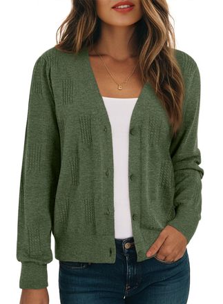 Dokotoo Damen Strickjacke Elegant V-Ausschnitt Kurzer Cardigan Langarm Leichter Strickpullover mit Knopf, gr&uuml;n, 2XL