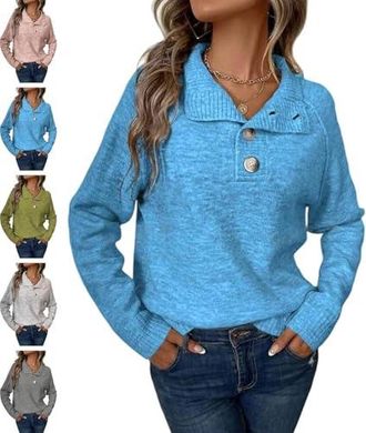 Generic Pull à col montant boutonné en tricot torsadé pour femme, col en V, couleur unie, pull tricoté à manches longues, pull tendance, bleu, XL