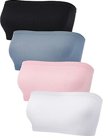 Blulu 4 Pièces Soutien-Gorge Bandeau de Femmes Bralette sans Bretelles Bandeau sans Couture Soutien-Gorge Top Extensible Non-Rembourré(Bleu Clair, Rose, Bla
