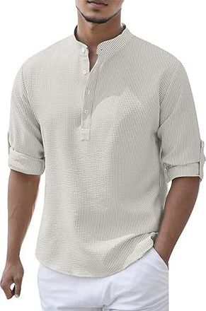 Generic Chemise Col Mao Homme Grande Taille, Blouse Homme Manches Longues,Tee Shirt &eacute;t&eacute; Couleur Pure Top Col V de Plage Hauts avec Boutonn&eacute;e D&eacute;contract&eacute; Ample