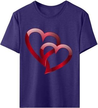 Generic T-shirt &agrave; manches courtes pour femme avec col rond et imprim&eacute; coeur rouge 2026, violet, XXL
