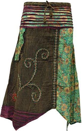 Shopoholic Fashion Jupe longue brodée faite à la main pour femme avec motif floral hippie, vert militaire, Taille unique