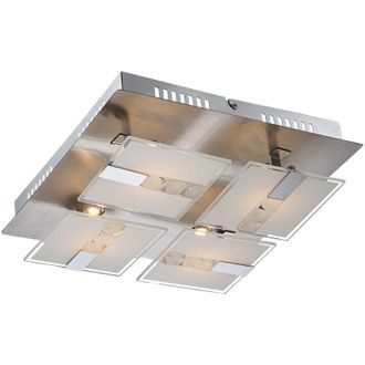 Globo Lighting Plafonnier en verre moderne pour salon, plafonnier chrom&eacute;, partiellement satin&eacute;, m&eacute;tal, 4x led 4,5W 382Lm blanc chaud, LxPxH 30x30x9 cm