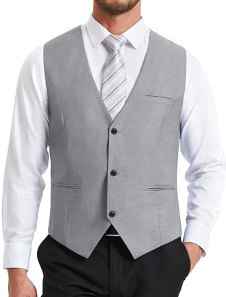 Hisdern Anzugwesten Herren Grau Formale Elegant Anzugweste Einfarbige Anzug Weste Baumwolle Hochzeit Westen f&uuml;r M&auml;nner mit Taschen XS