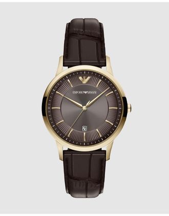 Emporio Armani Archetipo montre &agrave; trois aiguilles avec date en cuir marron et bo&icirc;tier dor&eacute;