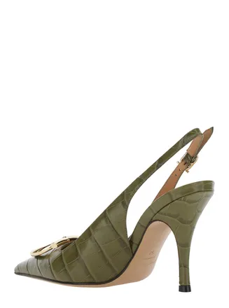 Ferragamo Womens Pumps Sara Green Crocodile-Effect Leather Calf