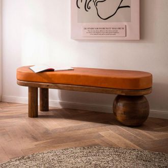 M&S Collection Banc design 140x40x47 cm en cuir cognac et bois de manguier marron