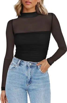 Zeagoo Haut en maille pour femme - Transparent - Col rond - Manches longues - Sexy - Pour fête - Coupe ajustée, Noir, XL