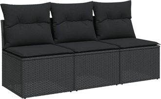 vidaXL Gartensofa mit Kissen 3-Sitzer Schwarz Poly Rattan - Vidaxl