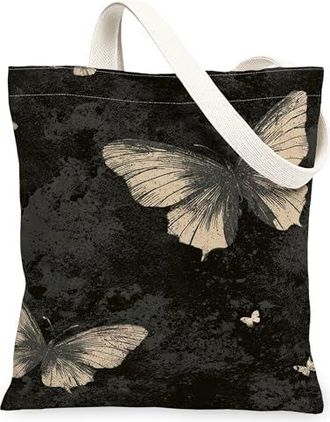 Generic Sacs fourre-tout en toile avec motif papillon, sacs d&eacute;picerie r&eacute;utilisables, vintage l&eacute;gers et lavables avec bandouli&egrave;re, noir, 13x15 Inch