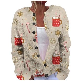 Generic 2026 Vestes pour femmes Mode Casual Automne Hiver No&euml;l Imprim&eacute; Bouton Cardigan Veste, beige, XXL