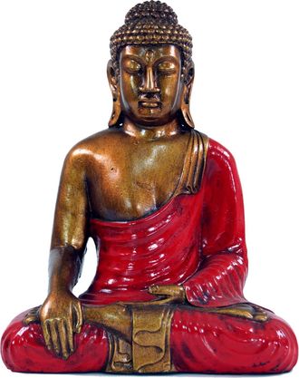Guru Shop Sitzender Buddha im Bhuimsparsha Mudra aus Recin - Rot, 30x24x12 cm