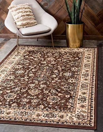 Unique Loom Kashan Kollektion Traditionelles Blumenmuster mit Rand, Brauner Raumteppich, 155 x 244 cm