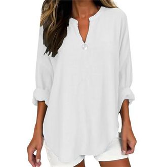 Generic Chemisier Femme Coton Lin Grande Taille De Loisirs Chemises D&eacute;t&eacute; &Agrave; Manches Longues Col en V Profond Amples Tops L&eacute;g&egrave;re Confortable Tunic &Agrave; La Mode Cot
