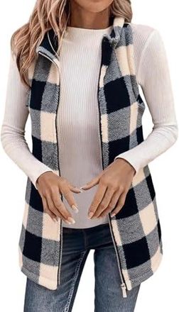 Generic Vestes pour femmes 2026 &agrave; imprim&eacute; d&eacute;contract&eacute; &agrave; carreaux avec fermeture &eacute;clair, cardigan ouvert sur le devant, v&ecirc;tement dext&eacute;rieur sans manches, veste