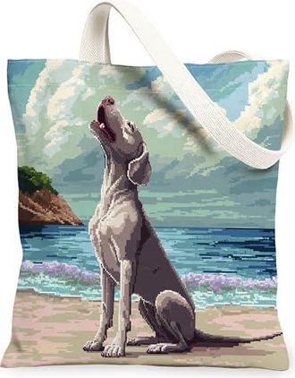 Generic Sac fourre-tout d&eacute;t&eacute; en toile pour faire du shopping, 33 x 38,1 cm, motif chiot c&ocirc;tier de plage, sac d&eacute;picerie r&eacute;utilisable pour femme, animal de comp