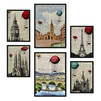Nacnic SET DE 6 POSSI&Egrave;RES DE VILLES VINTAGES. Collection de plaques avec collage esth&eacute;tique pour la d&eacute;coration dint&eacute;rieur. Tailles A3 et A4. Avec cadre noir