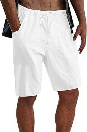 Generic Short en coton et lin pour homme - Pantalon dentra&icirc;nement pour homme - Style d&eacute;contract&eacute; - Solide - Pantalon court avec poche - Short de plage, blanc,