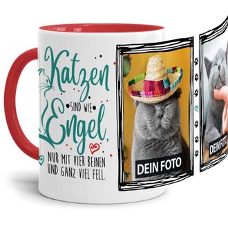 Tassendruck Tasse mit Spruch - Katzen sind wie Engel - zum Selbst gestalten mit Zwei Fotos - Geschenkidee f&uuml;r Katzenliebhaber, Innen & Henkel Rot, 300 ml