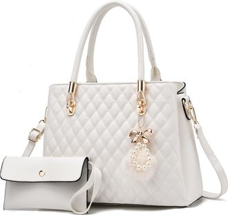 I Ihayner Damen-Lederhandtaschen- und Geldb&ouml;rsen-Set mit Tragegriff, Tote Bag, Schultertasche f&uuml;r Damen mit Pompon, 2-teiliges Geldb&ouml;rsen-Set - Wei&szlig;