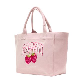 Ganni Womens Logo-Embroidered Cotton Tote Pink
