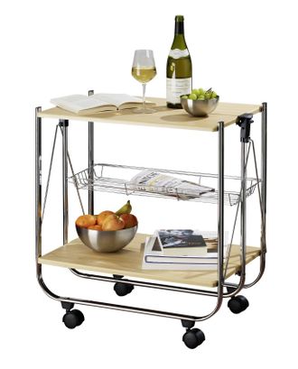 WENKO Servierwagen Dinett Deluxe Ahorn, 2 Ablagefl&auml;chen & l&auml;nglicher Gitterkorb, mit 4 leichtg&auml;ngigen Rollen, zusammenklappbar, aus robustem, verchromtem St