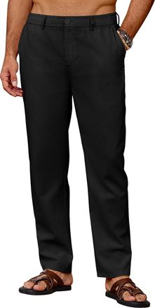 Coofandy Herren Hose Lang Leichte Sommerhose Leinenhose Freizeithose Strandhose Einfarbig Herrenhosen mit Taschen Elastischer Bund Schwarz XXL