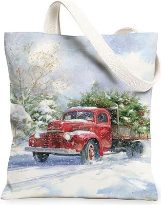 Generic Sacs fourre-tout en toile vintage dhiver, motif arbre de No&euml;l, sacs d&eacute;picerie r&eacute;utilisables, l&eacute;gers et lavables pour les voyages, Rouge, 13x15 Inch
